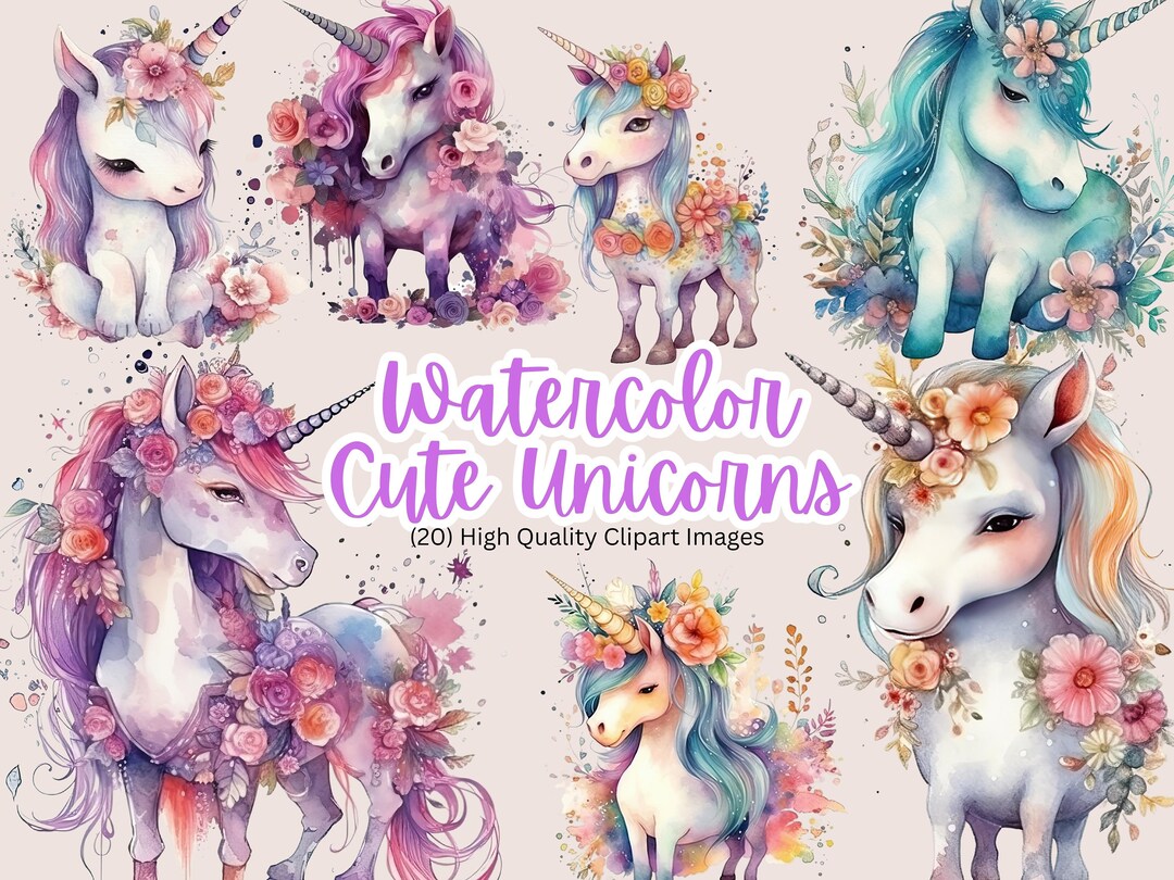 Adorable Unicorn Clipart Set - Rainbow SVG & PNG Watercolor Elements - Etsy