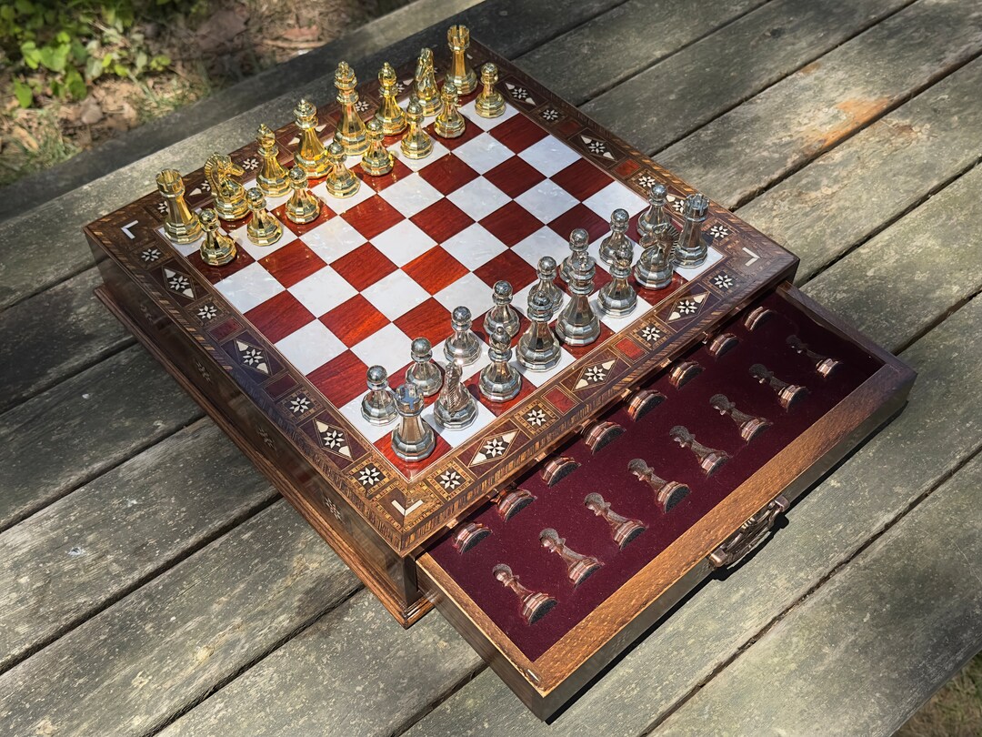 Personalized Handmade Chess Set With Metal Chess Pieces, Walnut Chess ...