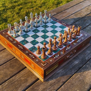 Handmade Wooden Chess Set: Metal Pieces, Storage Chess Board ...