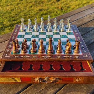 Handmade Wooden Chess Set: Metal Pieces, Storage Chess Board ...