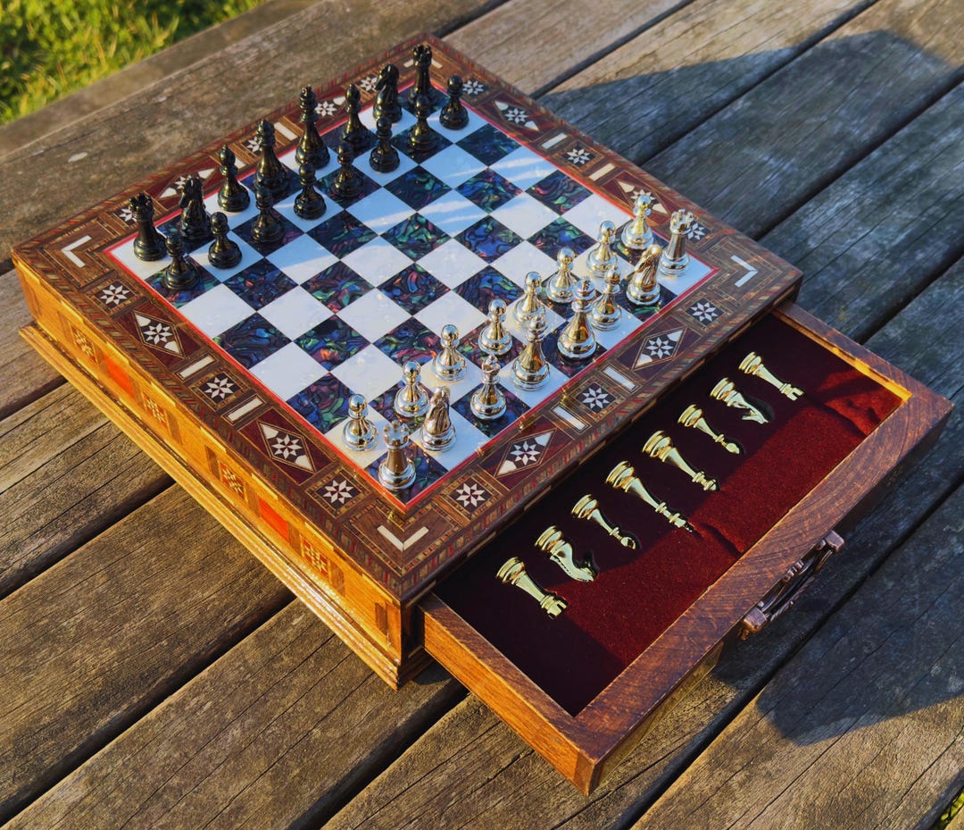 Handmade Metal Chess Set: Wooden Board With Storage Drawer - Etsy Australia