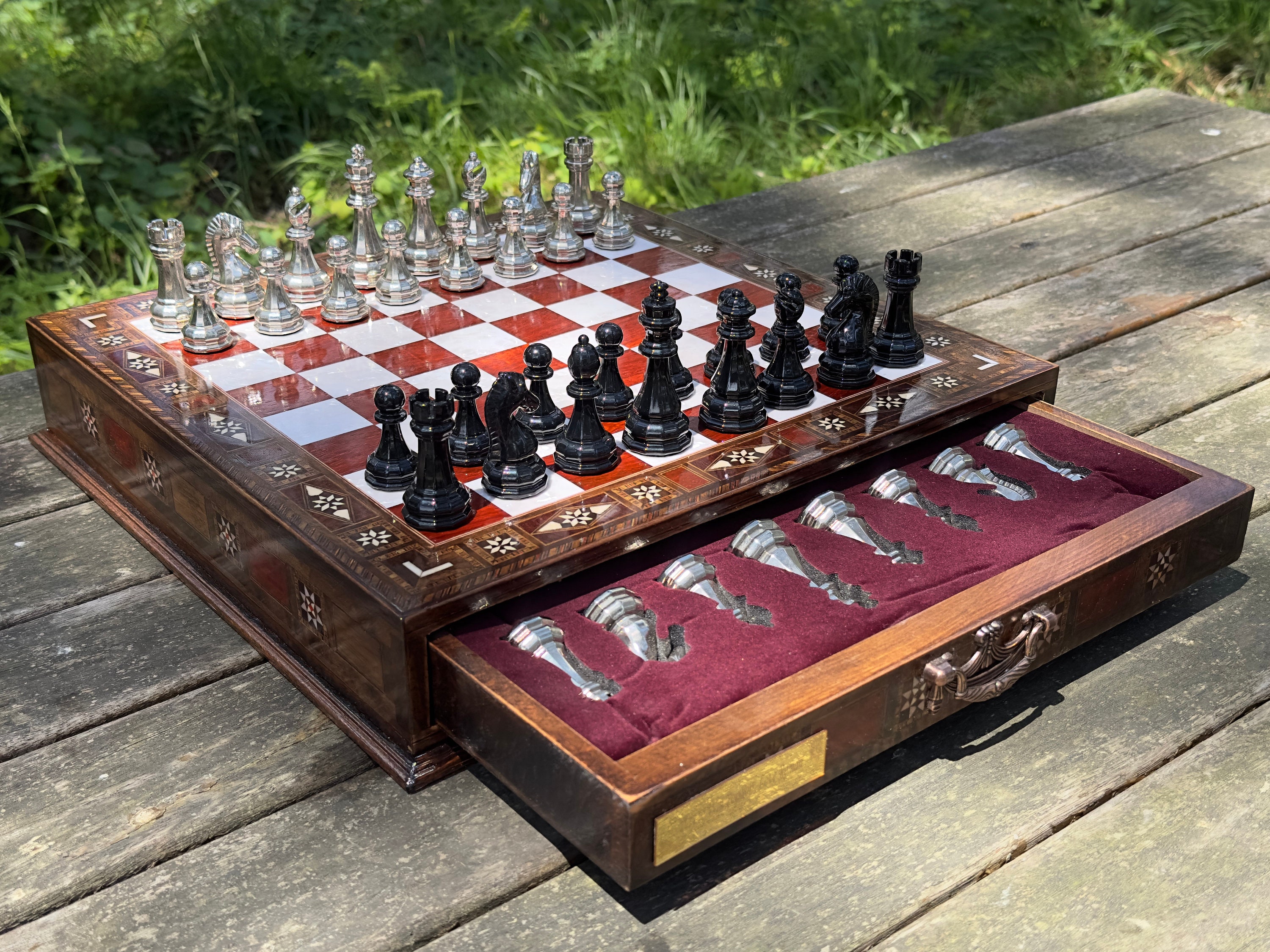 Personalized Handmade Chess Set With Metal Chess Pieces, Walnut Chess ...