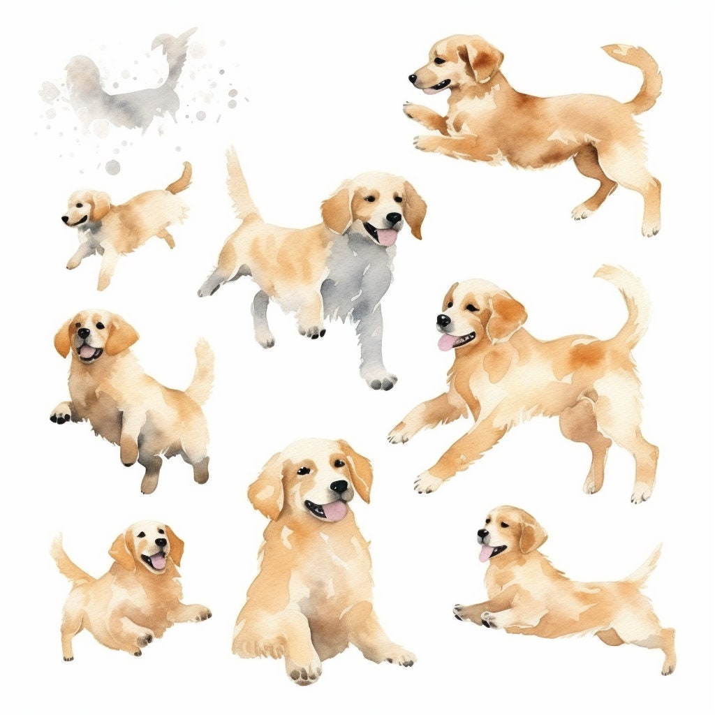 Watercolor Clipart Golden Retriever Puppies Pack PNG Files Playing ...