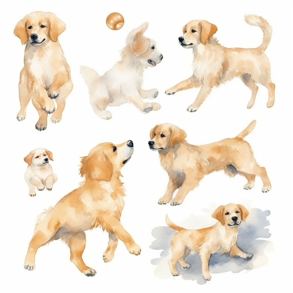 Watercolor Clipart Golden Retriever Puppies Pack PNG Files Playing ...