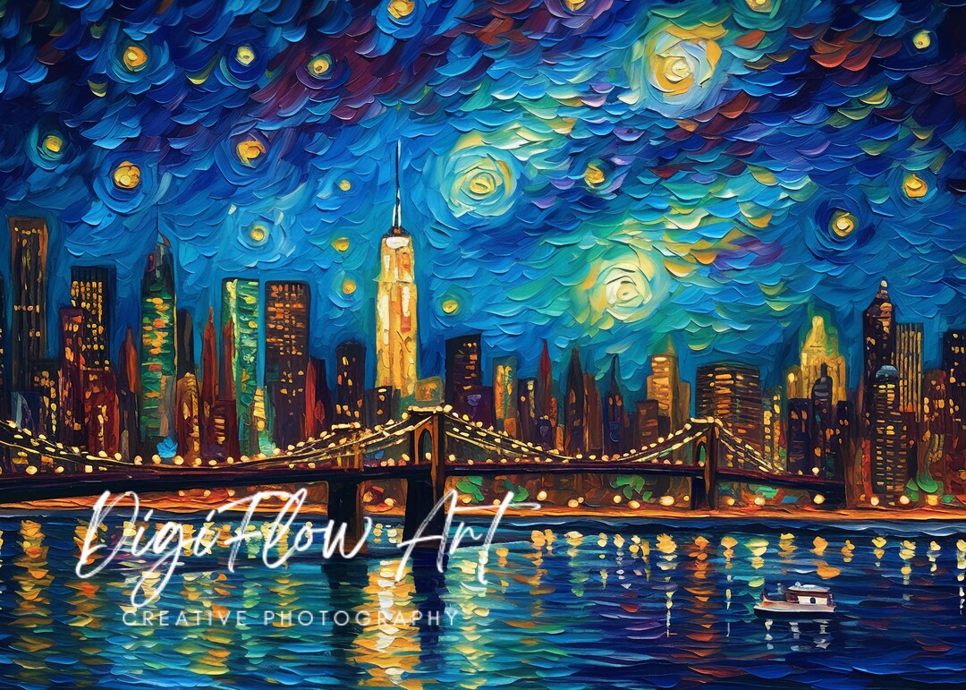 Serene Starry Night New York Skyline Wall Artwork Minimalist NYC ...