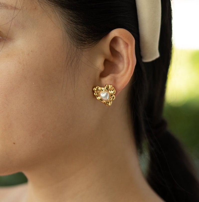 Iridescent Mabe Baroque Pearl Brass Heart Stud Earrings | Wedding ...