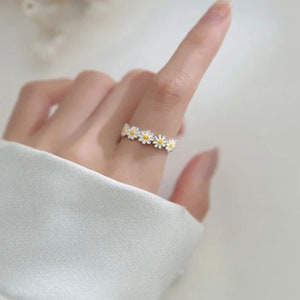 Daisy Silver Adjustable Ring, Open Flower Ring, Sunflower Ring, Dainty ...