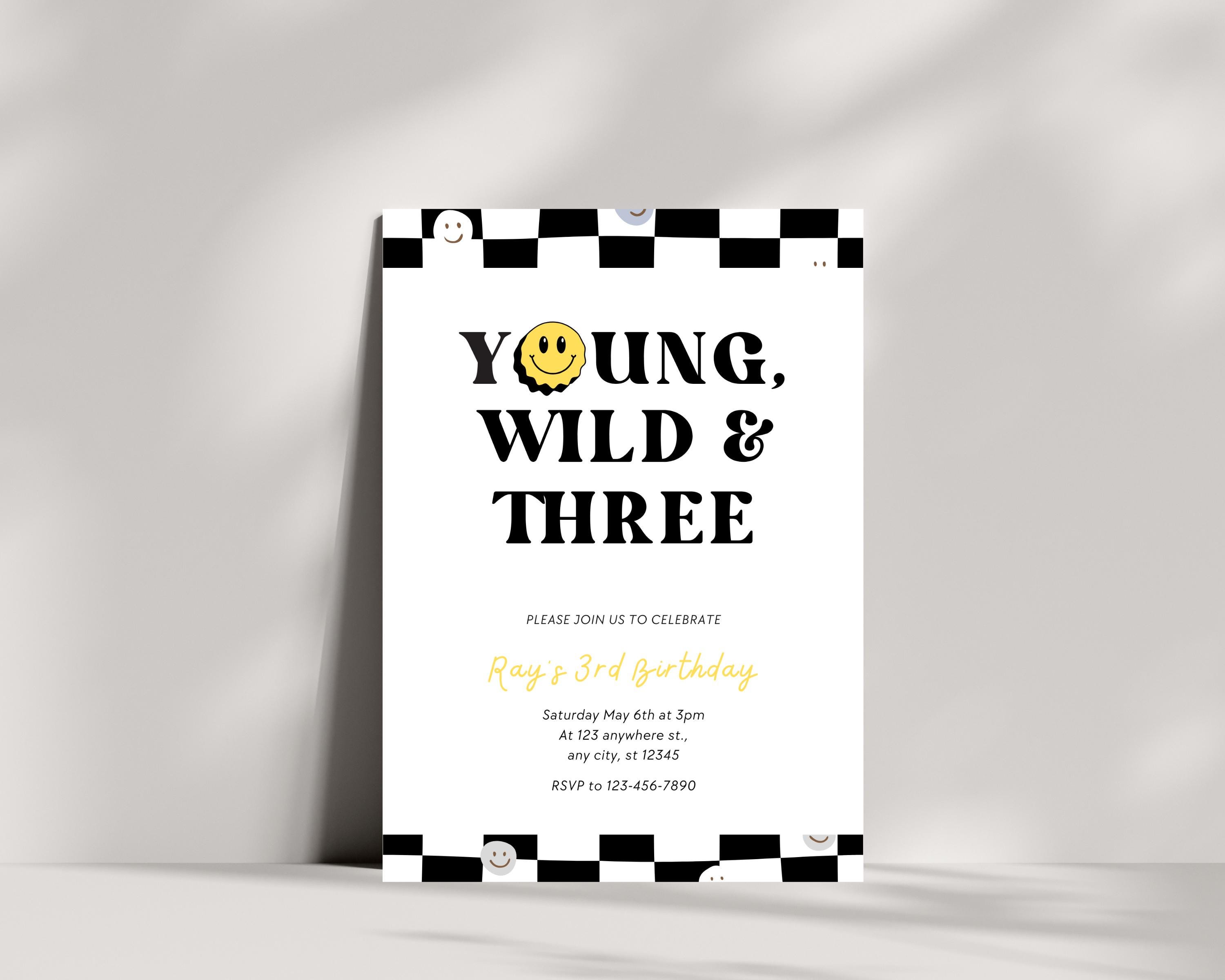 Young Wild and Three Invite Template, Smile Face Birthday Invite, 3rd ...