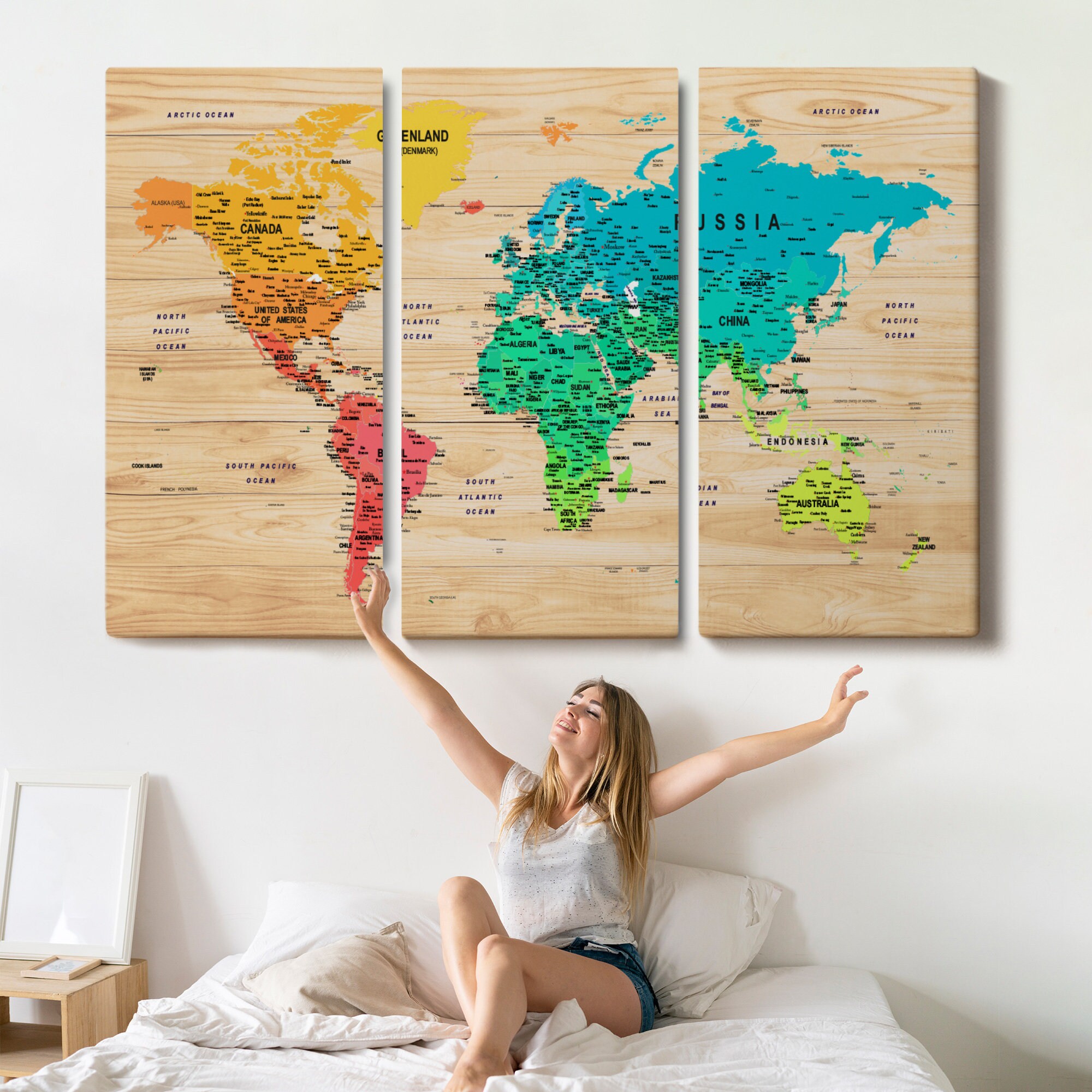 Colorful Wood World Map Painting, Personalized Canvas World Map Poster ...