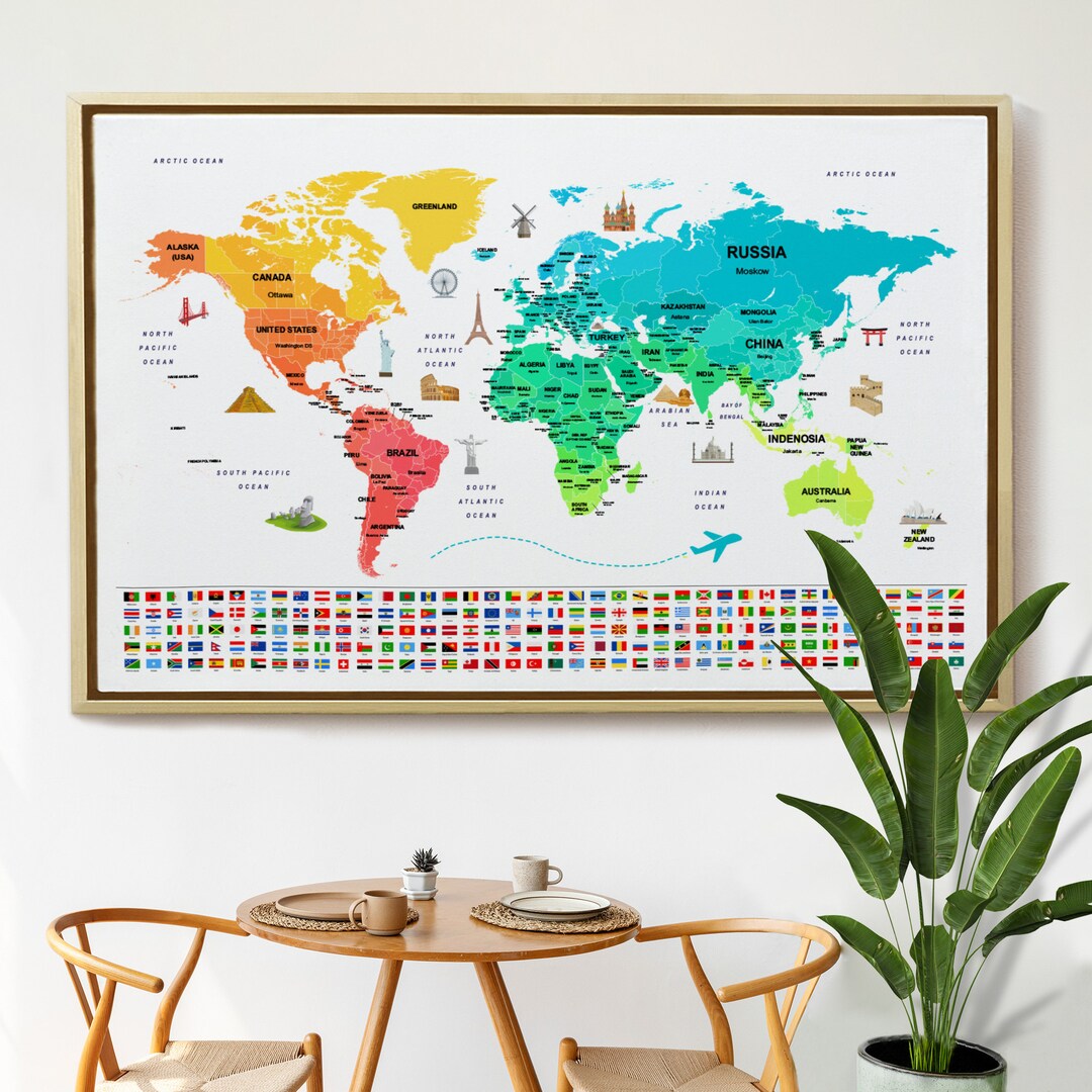 Colorful World Map Print for Kids,educational Canvas World Map Poster ...