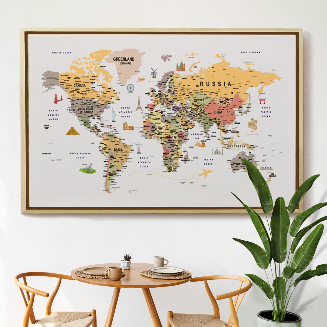 Illustrated World Map Print-travelermap Poster With Illustrations ...