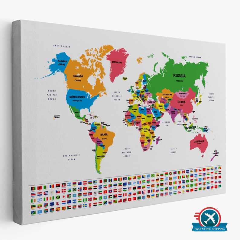 Push Pin World Map With Country Flags, World Map Print With Vibrant ...