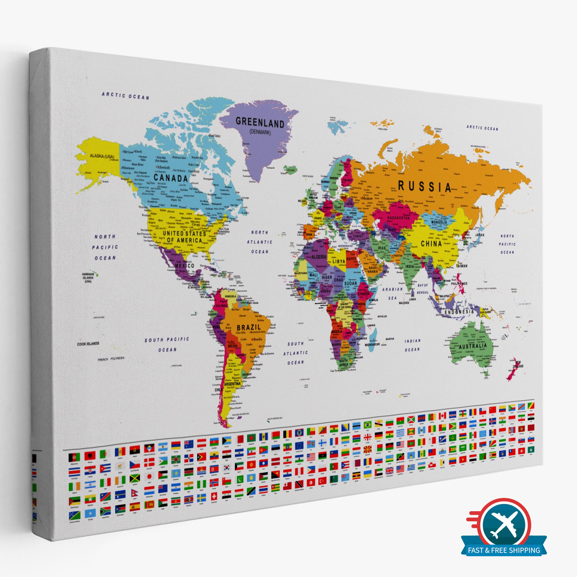 Push Pin World Map With Country Flags, Colorful World Map Poster ...