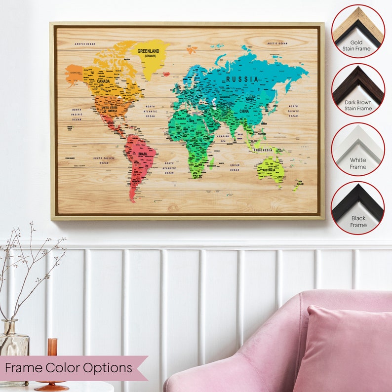 Colorful Wood World Map Painting, Personalized Canvas World Map Poster ...