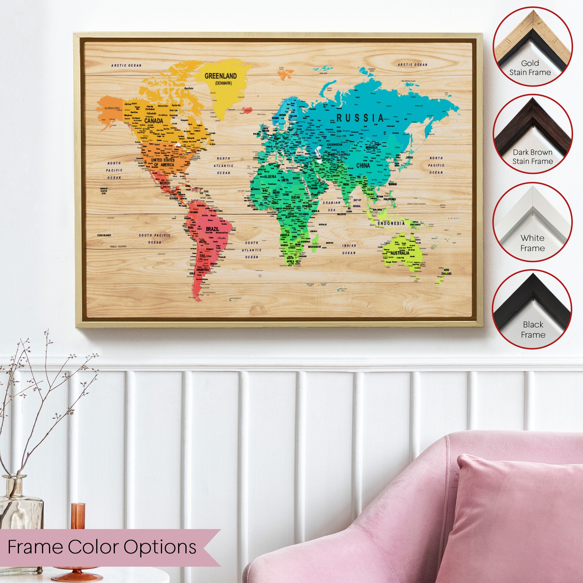 Colorful Wood World Map Painting, Personalized Canvas World Map Poster ...
