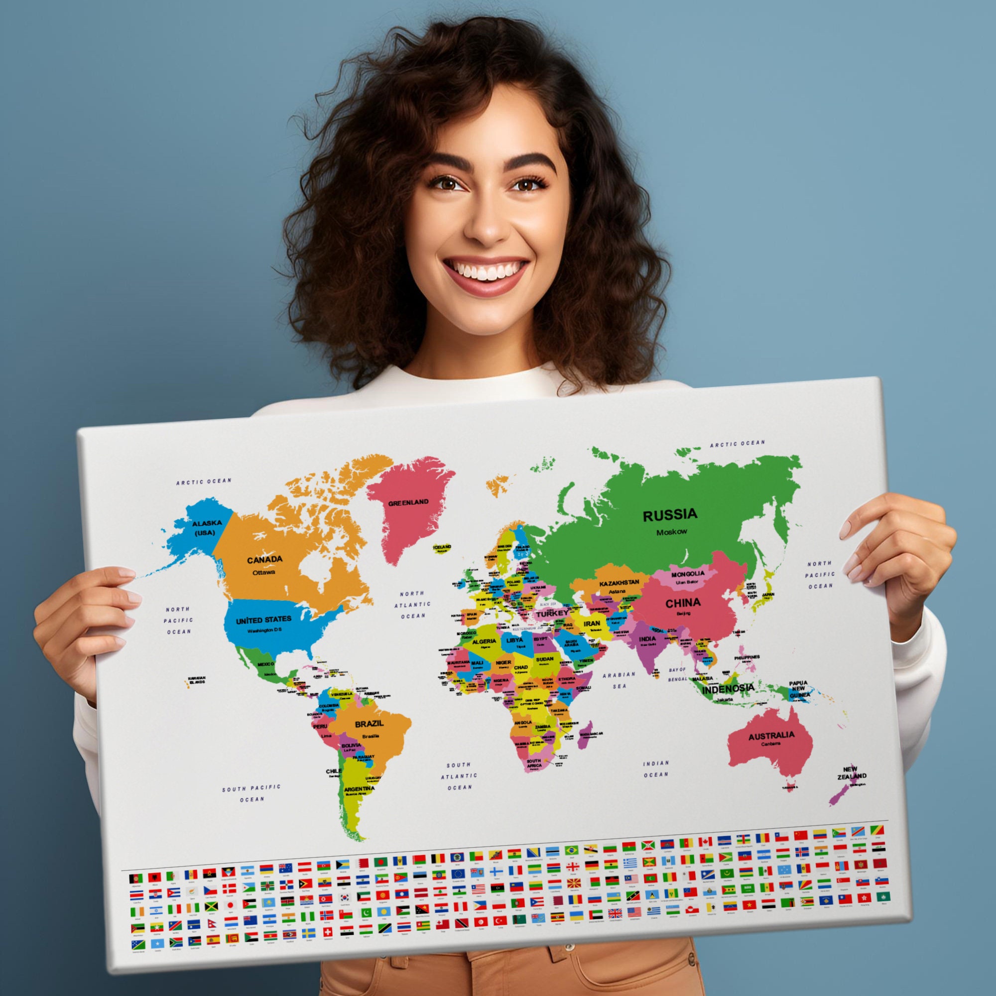 Push Pin World Map With Country Flags, World Map Print With Vibrant ...