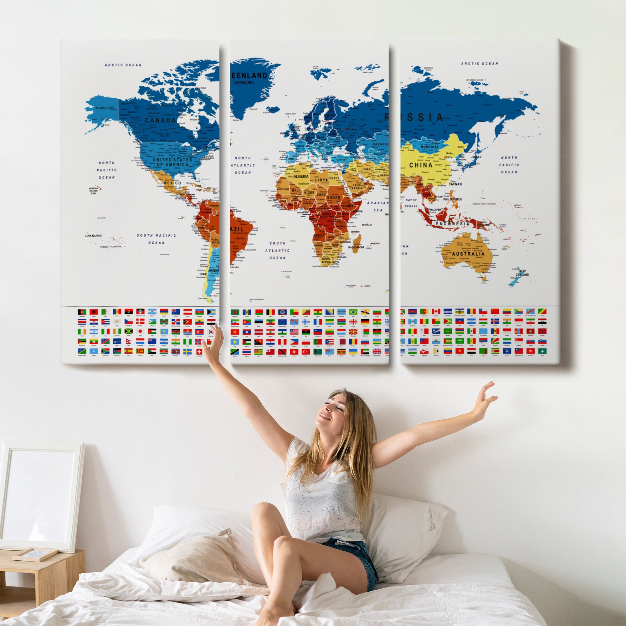 Push Pin World Map With Country Flags, Colorful World Map Print, Travel ...