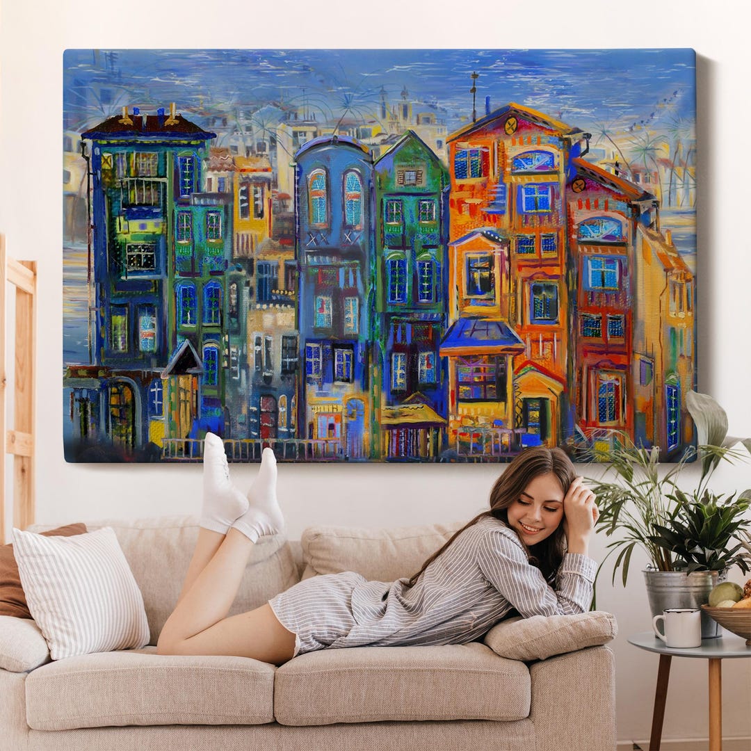 Riverside Building Oil Painting on Canvas, Colorful Buildings ...