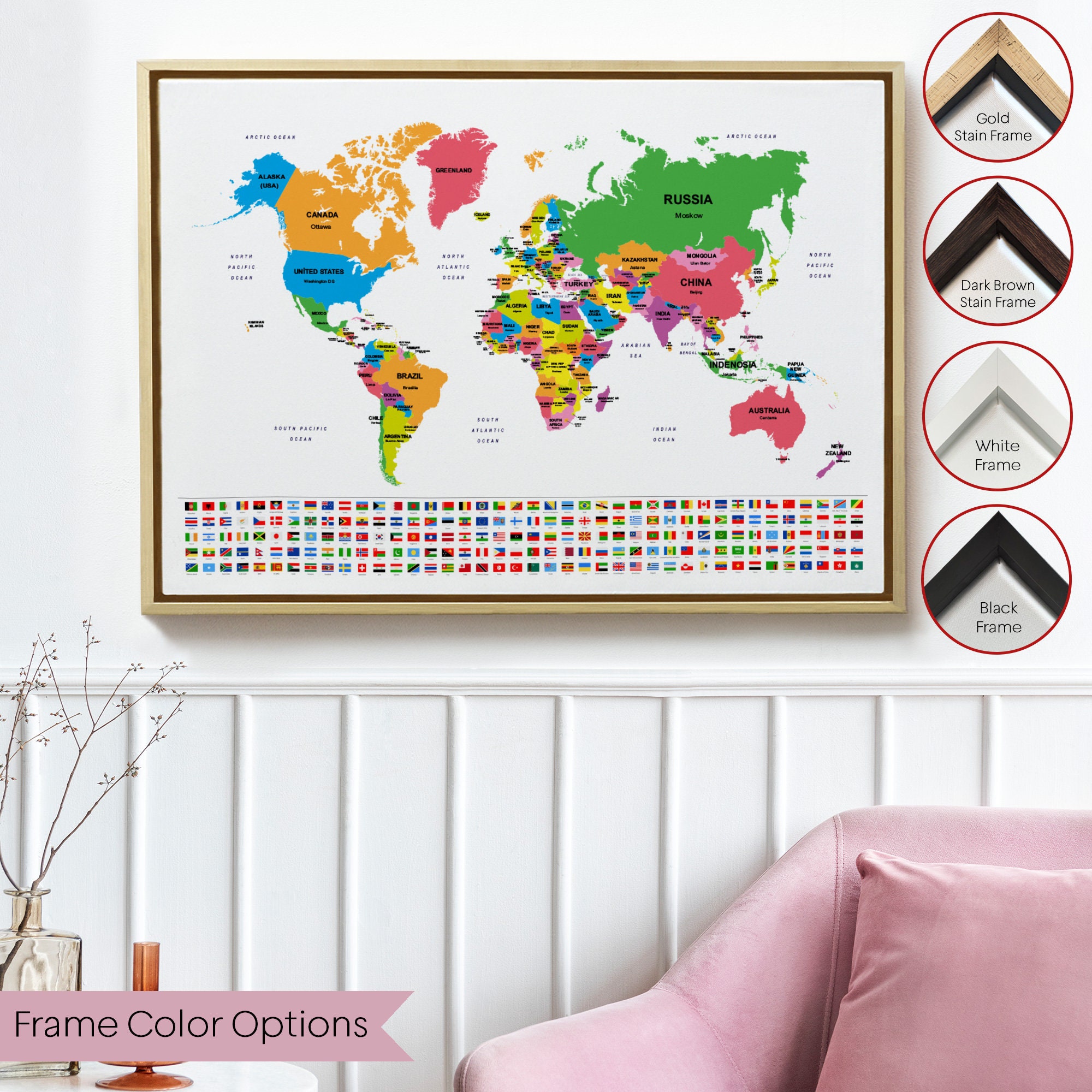 Push Pin World Map With Country Flags, World Map Print With Vibrant ...