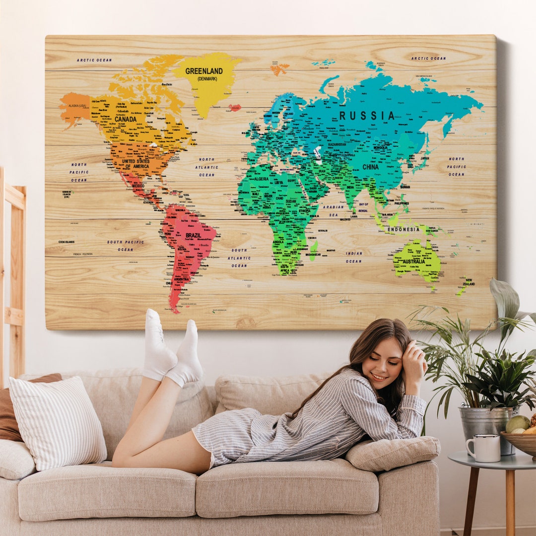 Colorful Wood World Map Painting, Personalized Canvas World Map Poster ...
