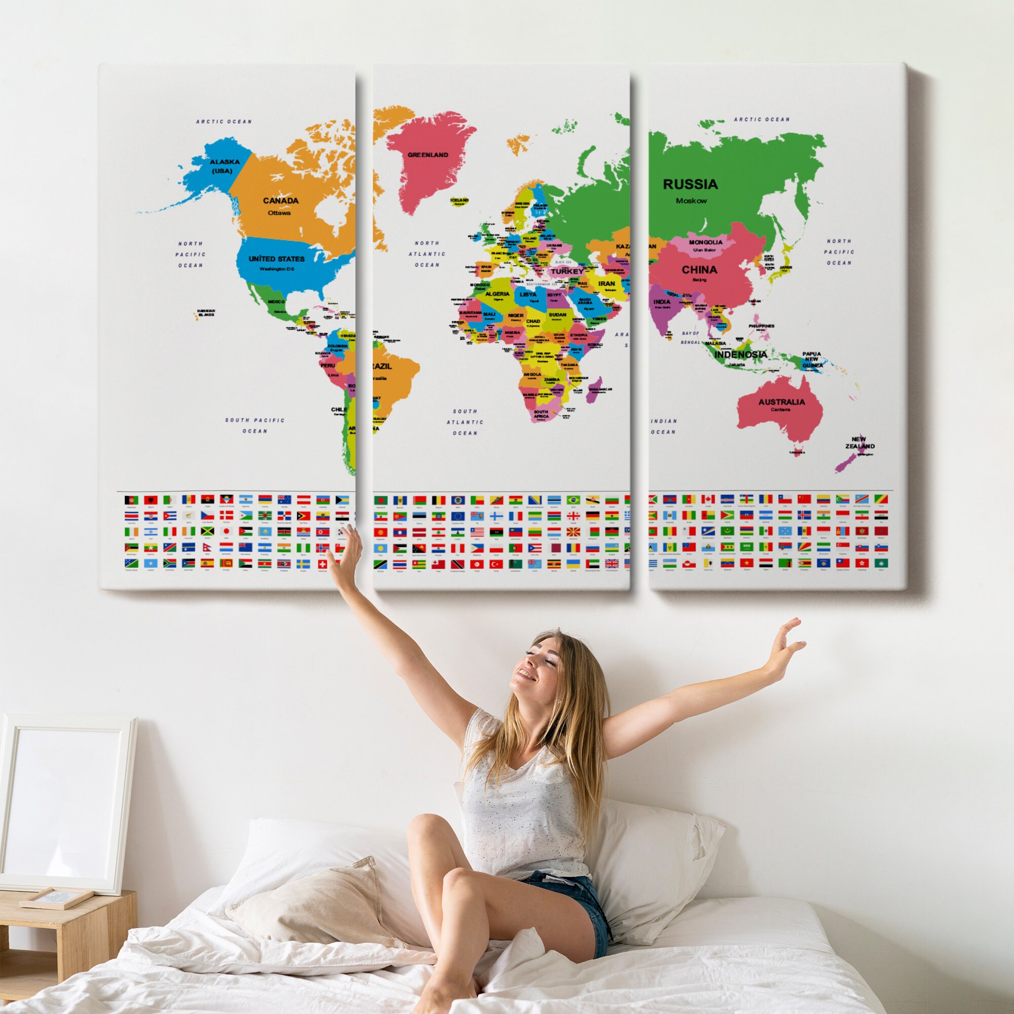 Push Pin World Map With Country Flags, World Map Print With Vibrant ...