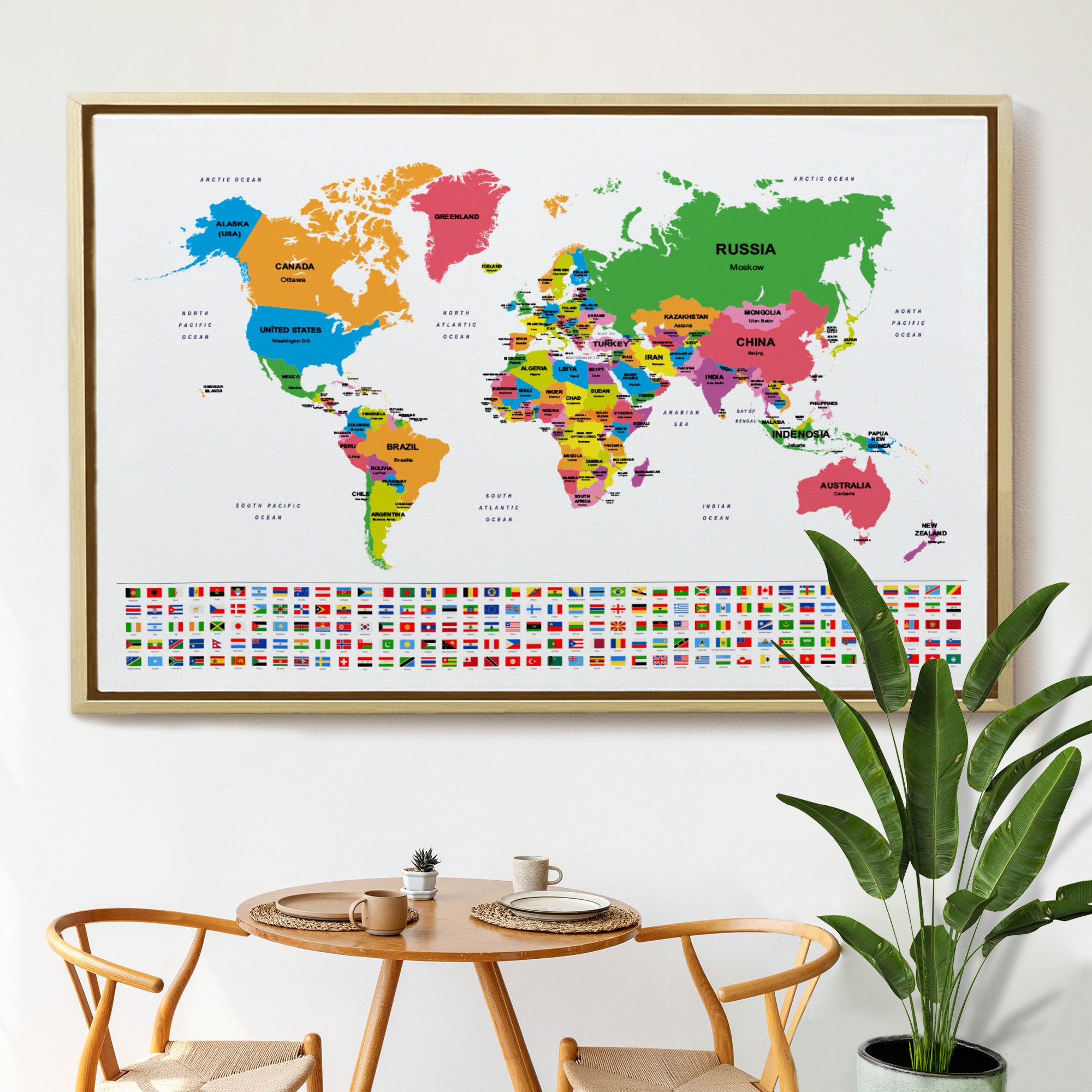 Push Pin World Map With Country Flags, World Map Print With Vibrant ...