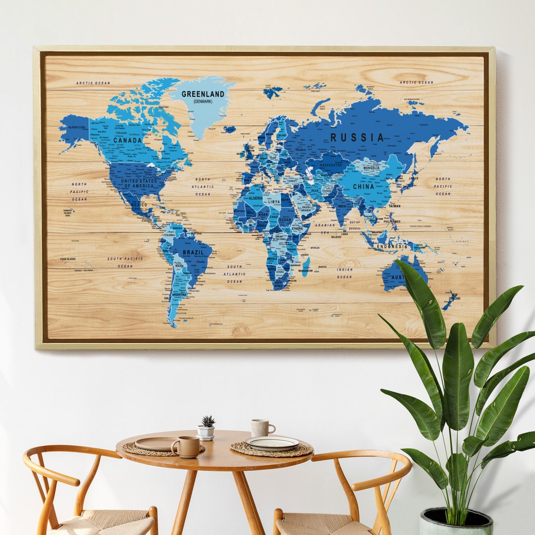 Dark Blue Wood Push Pin Map of World, Personalized Canvas World Map ...