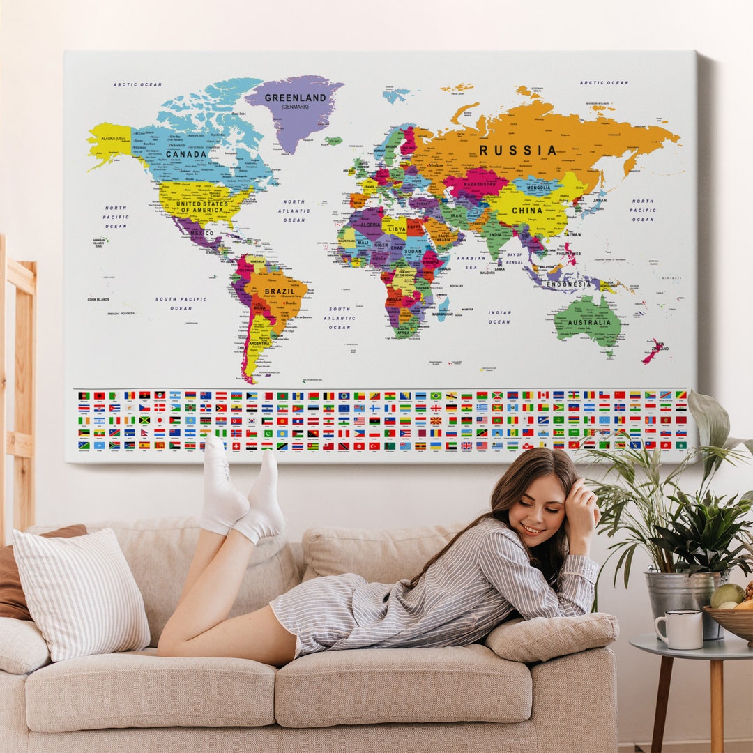 Push Pin World Map With Country Flags, Colorful World Map Poster ...