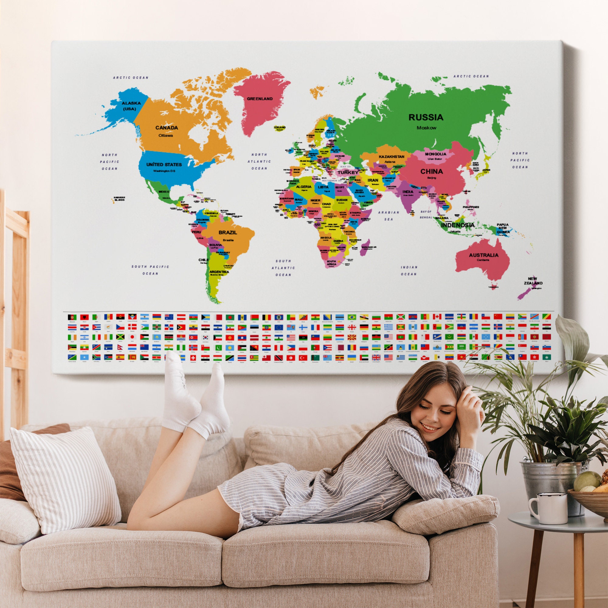 Push Pin World Map With Country Flags, World Map Print With Vibrant ...