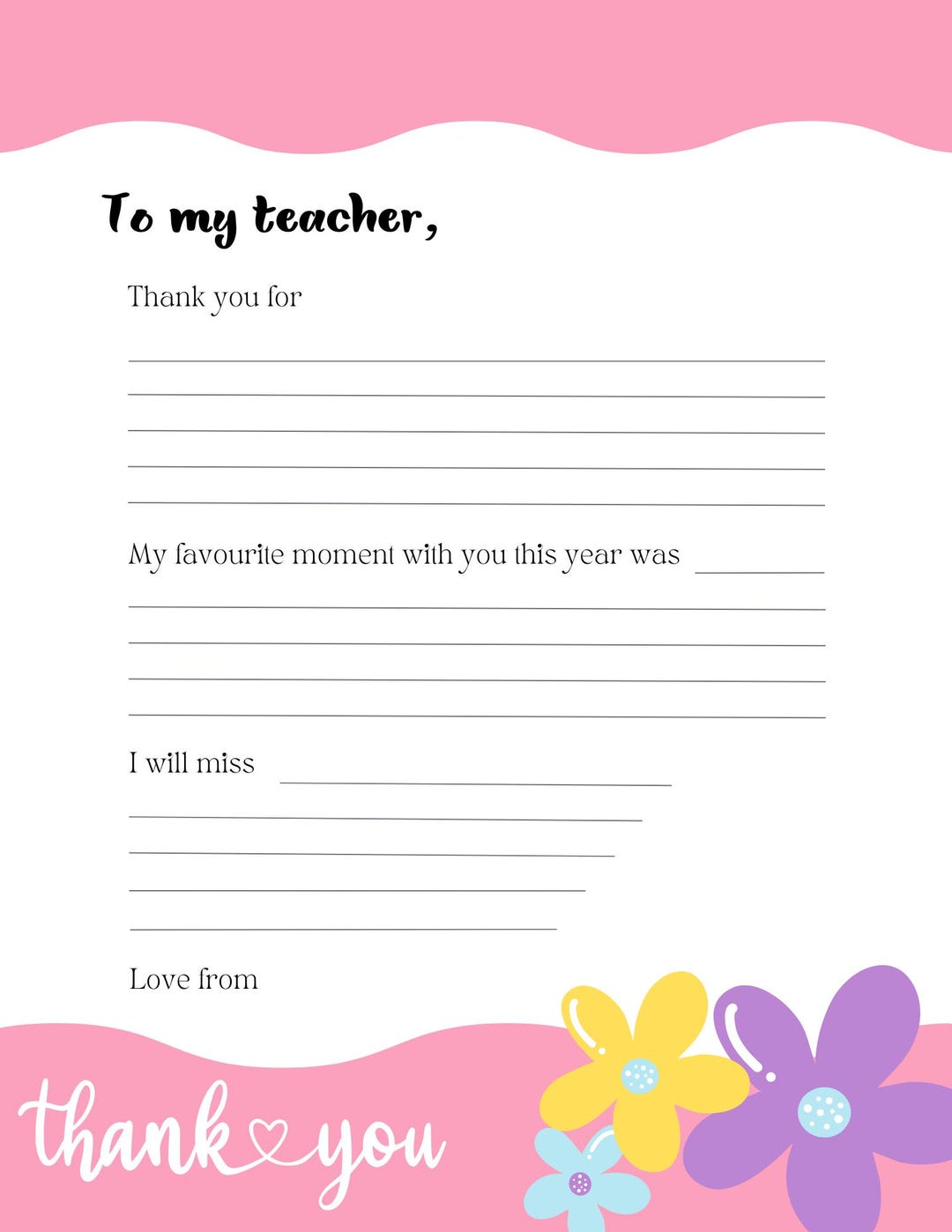 Letter to My Teacher – End of Year Thank You Worksheet | Printable ...