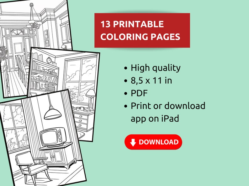 Dream Home Coloring Pages: Printable Rooms for Relaxation and - Etsy