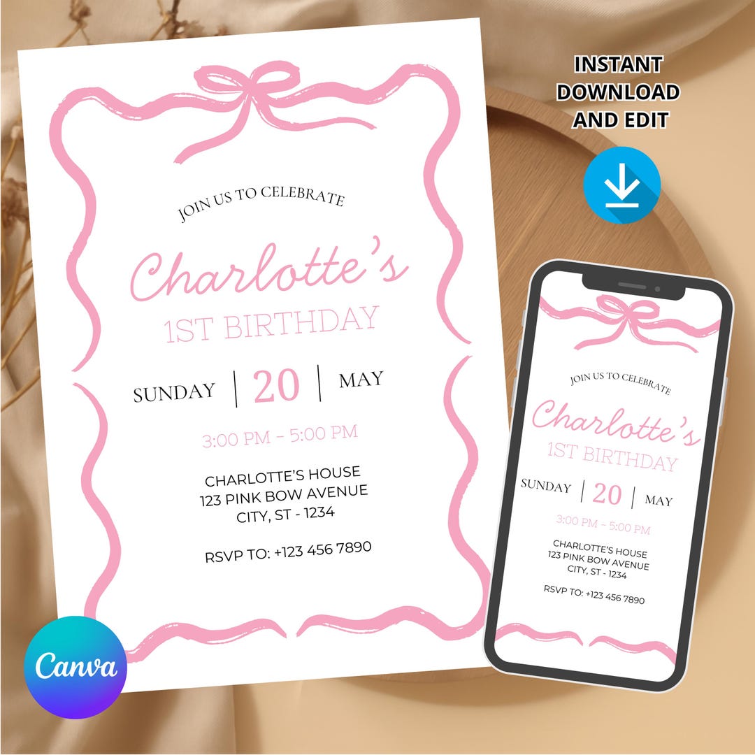 Editable Pink Bow Birthday Invitation | Canva Template | Instant ...