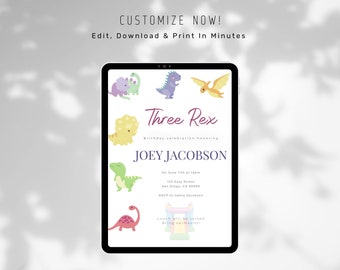 Girls 3 Rex Birthday Invitation, 3 Rex Birthday Girl, 3 Rex Birthday ...