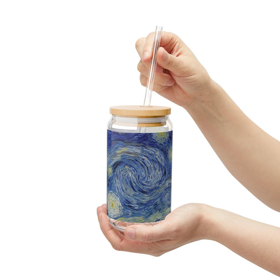 Starry Night Sipper Glass | 16oz Glass Jar Tumbler With Straw - Etsy
