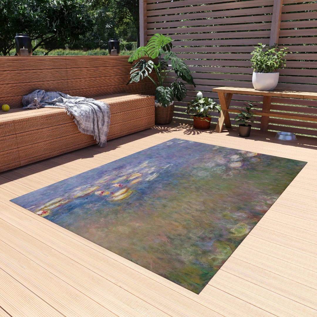 Water Lilies Impressionist Outdoor Rug | Garden Pond Floral Patio Mat ...