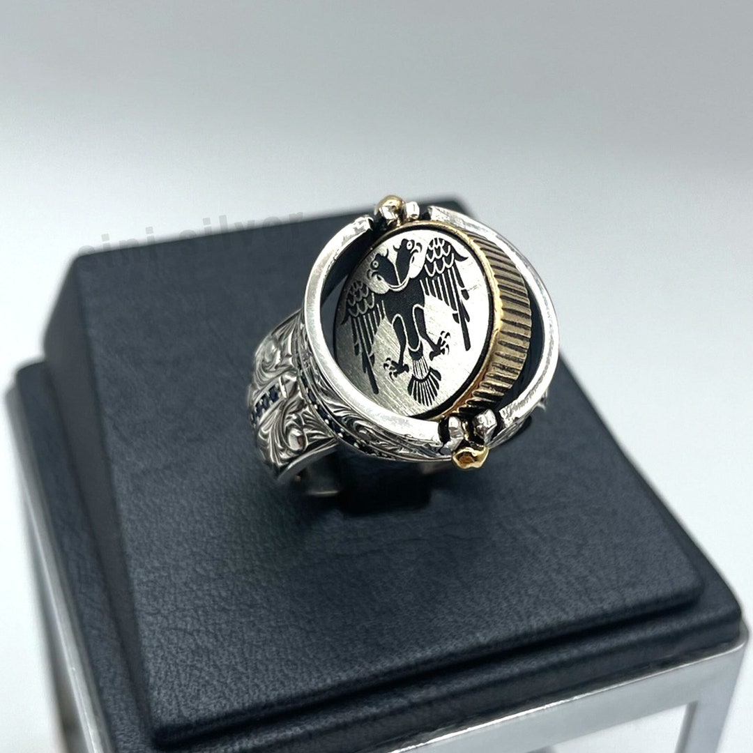 Two Sided 925 Sterling Silver Men's Ring, Two Head Eagle and Mirror ...