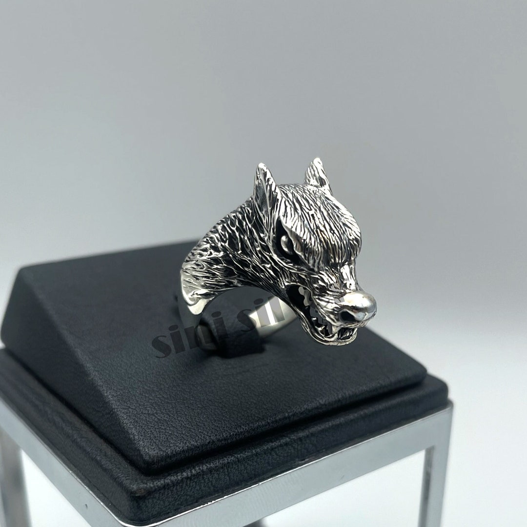 925 Sterling Silver Wolf Men's Ring, Wild Alpha Wolf Signet Silver Ring ...