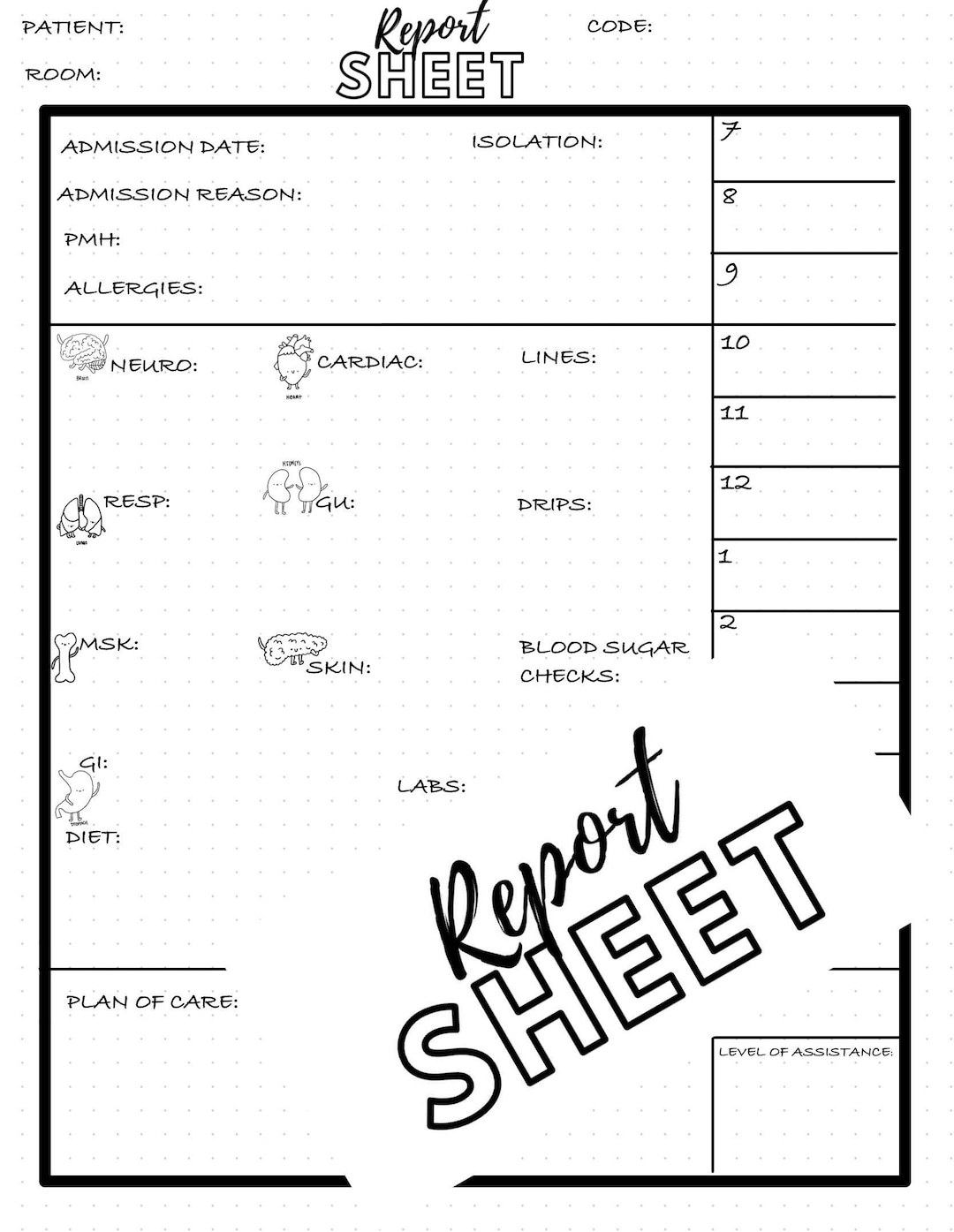 Nurse Report Sheet | Nursing Report Template | Med Surg Report Sheet ...