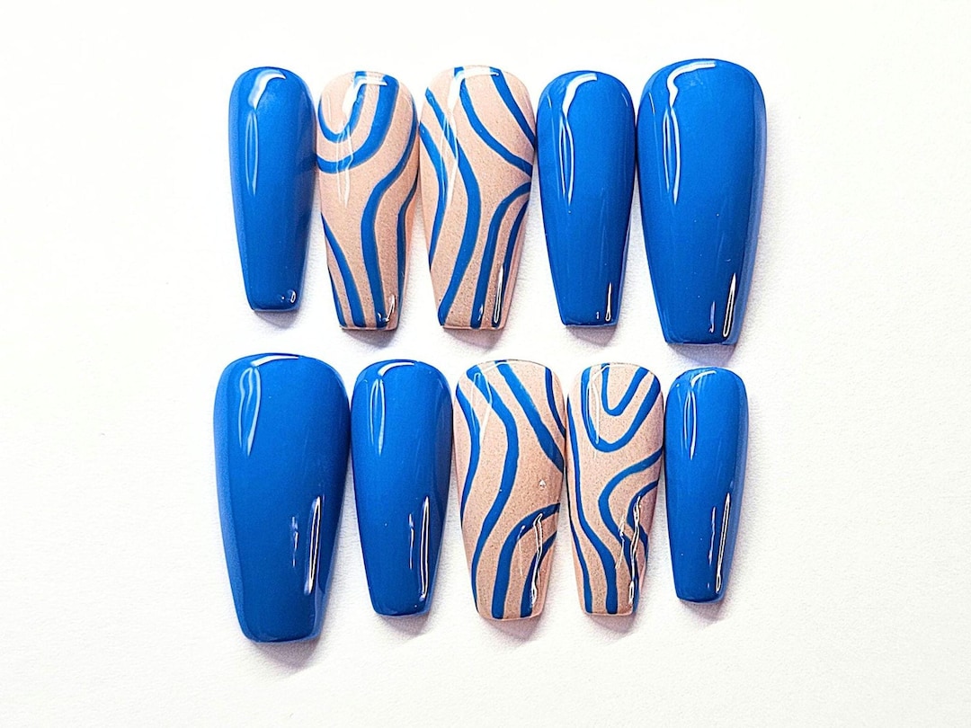 Blue Press on Nails, Blue Swirl Nails, Fake Nails, Summer Nails, Simple ...