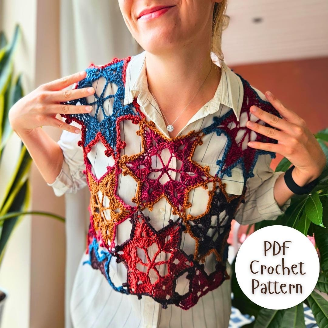 Celeste Vest Crochet Pattern PDF, Easy Scrap Yarn Women Fall Crochet Vest, Star Pattern Lace ...