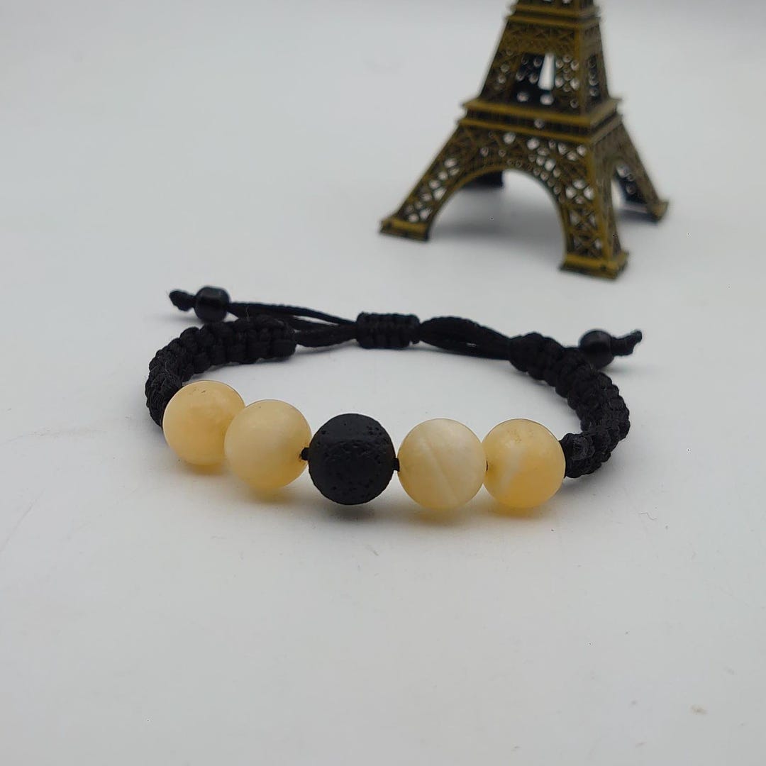 Honey Calcite & Lava Stone Beaded Bracelet Rope Braided- Handmade Boho ...