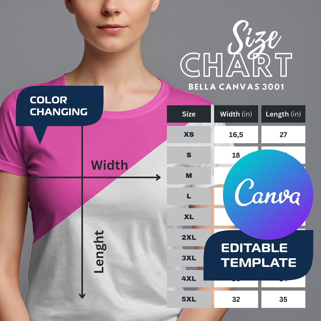 Bella Canvas 3001 Size Chart, T-shirt Size Chart Mockup, Printful Size ...