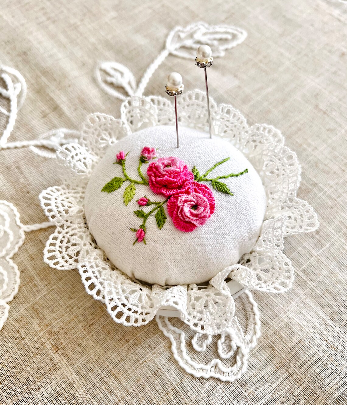 Shabby Chic Pin Cushion, Embroidery Pincushion, French Embroidered ...