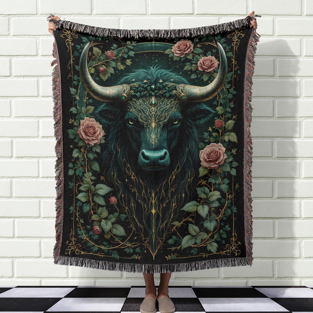 Woven Blanket With Intricate Design Bull With Golden Horns and Roses ...