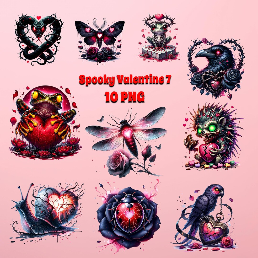 Spooky Valentine PNG Bundle, Whimsigoth Animal, Pets, Romantic Art ...