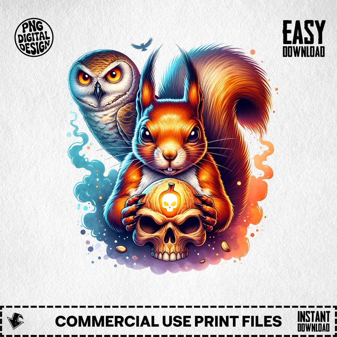 Spooky Halloween Squirrel and Owl PNG, Skull Clipart (digital Download ...