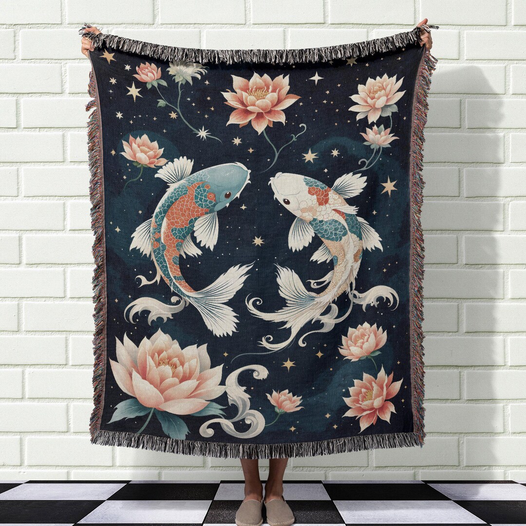 Koi Fish Woven Blanket, Colorful Fish Blanket, Ocean Theme Decor, Cozy ...