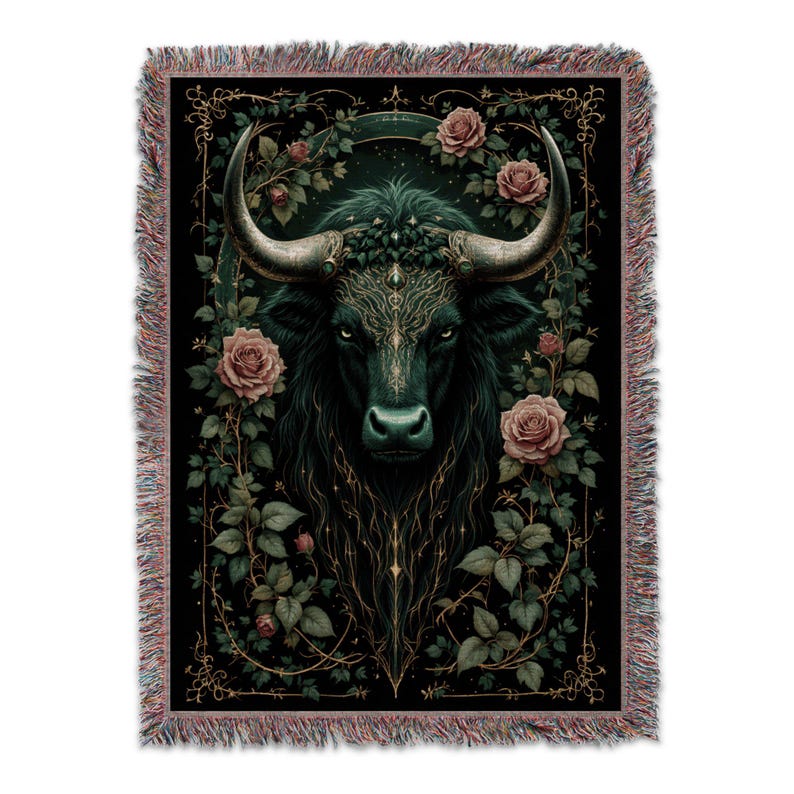 Woven Blanket With Intricate Design Bull With Golden Horns and Roses ...