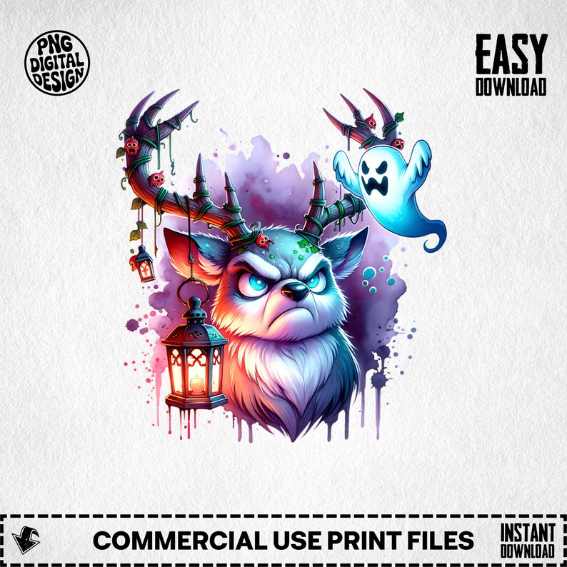 Spooky Reindeer Ghost Halloween PNG, Grumpy Deer Clipart (digital ...