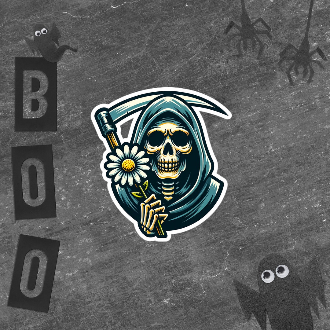 Grim Reaper Holding Daisy Flower Sticker, April Month Birth Flower ...